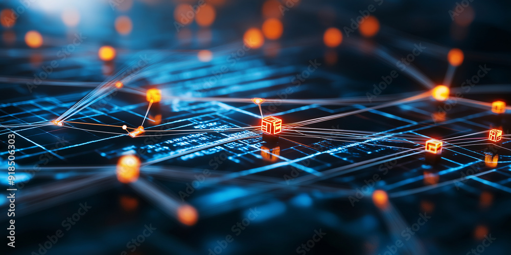 A high-tech network diagram with bright nodes and connecting lines ...