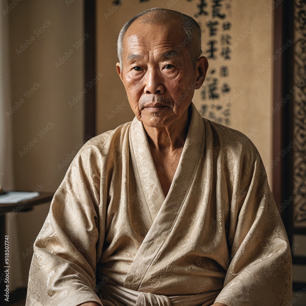 Tranquil Elderly Asian Man in Traditional Robe Seated by Paper Screen ...