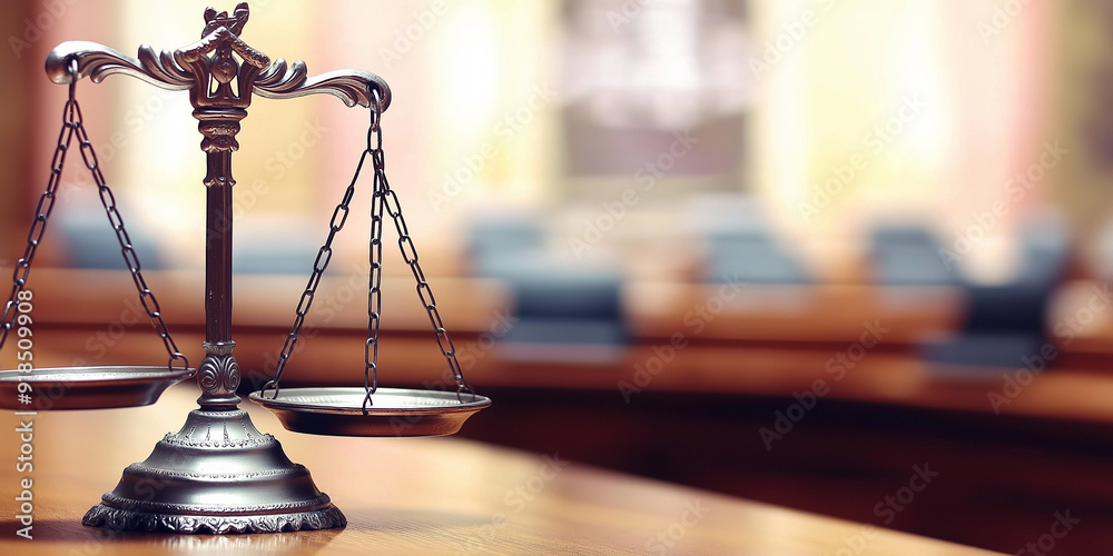 Scales of justice placed on a wooden judge's bench, with a blurred ...