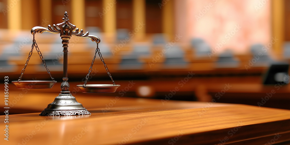 Scales of justice placed on a wooden judge's bench, with a blurred ...