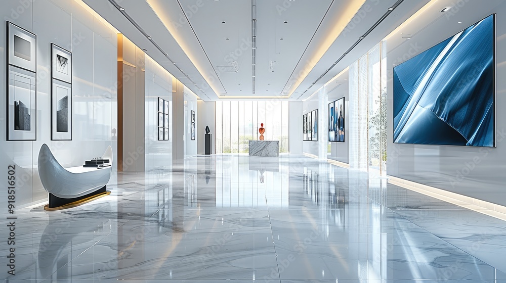 Modern enterprise hall, tie display hall, light gray reflective floor ...