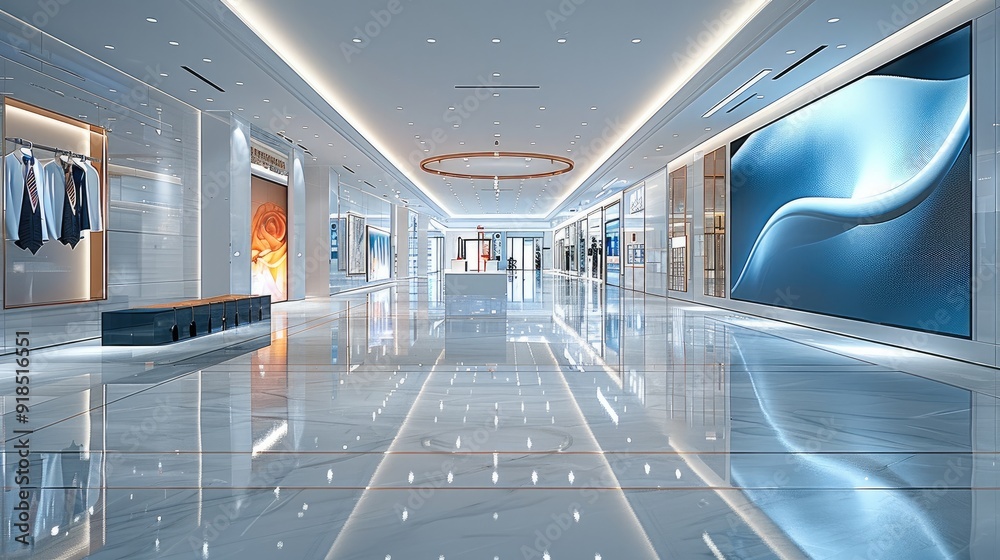 Modern enterprise hall, tie display hall, light gray reflective floor ...