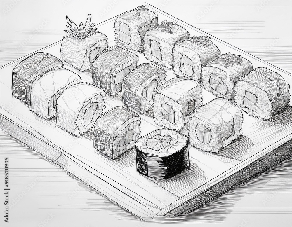 dessin d'un plateau de sushis et makis au crayon de papier en ia Stock ...