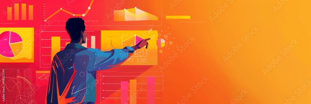 A businessman analyzes data presented in graphs and charts. This image ...