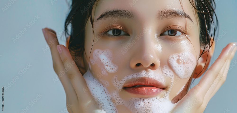 A close-up shot of a woman's face as she washes away impurities with a ...