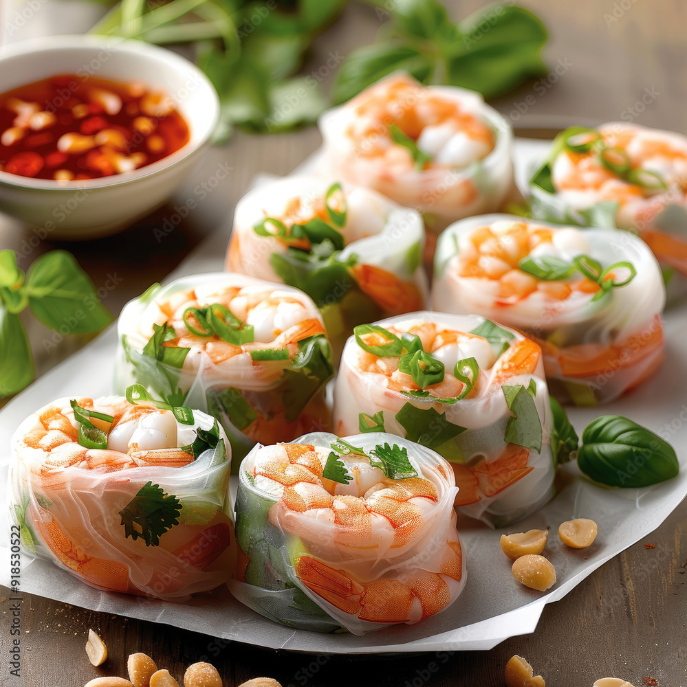 A traditional Vietnamese Goi Cuon (spring rolls). The fresh spring ...