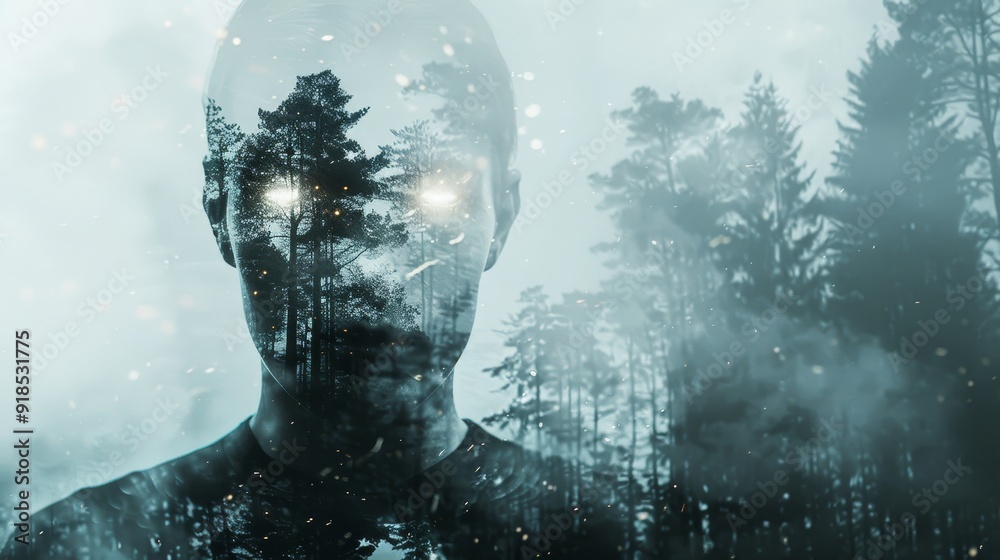 A mysterious figure with glowing eyes emerges from a dense foggy forest ...