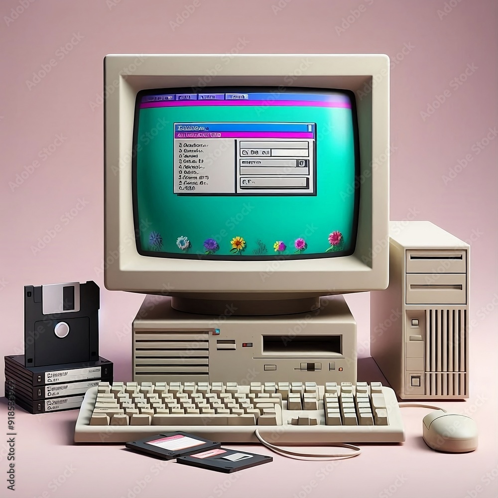 A 1990s desktop computer with a bulky CRT monitor displaying a retro ...