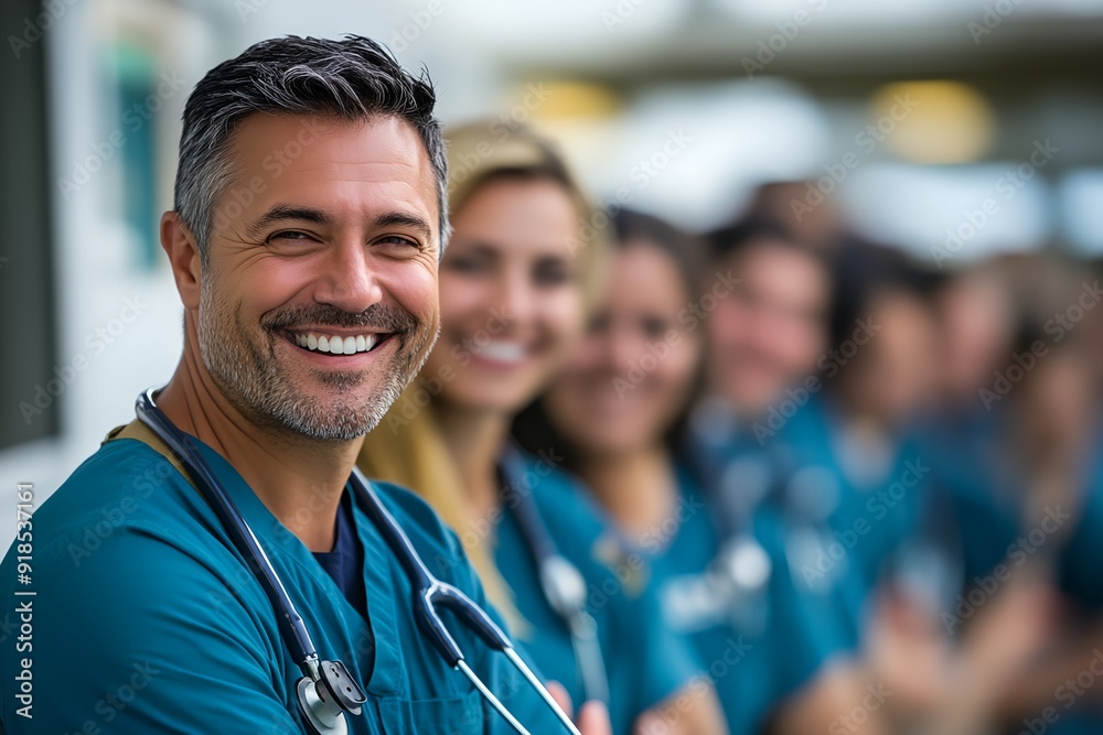 A group of smiling medical professionals are posing for a photo. The ...