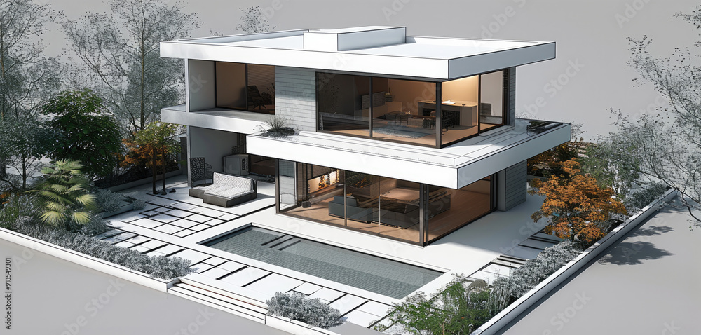 Architectural sketch of a modern, two-story house with a flat roof. The ...