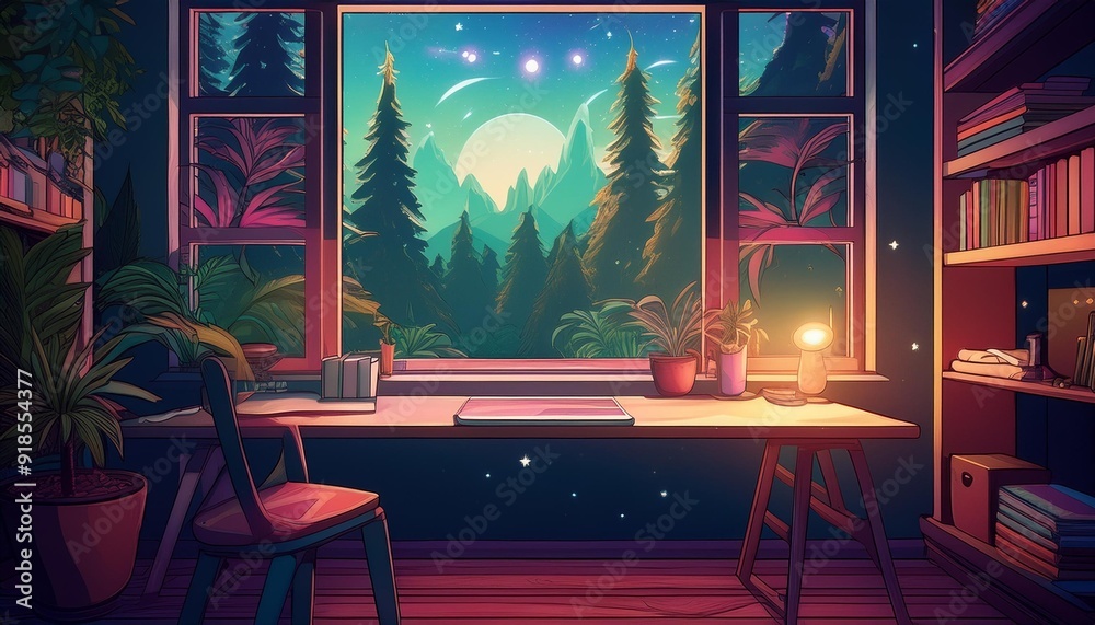 Lofi empty interior. Messy desk, window view of a forest, jungle. Anime ...