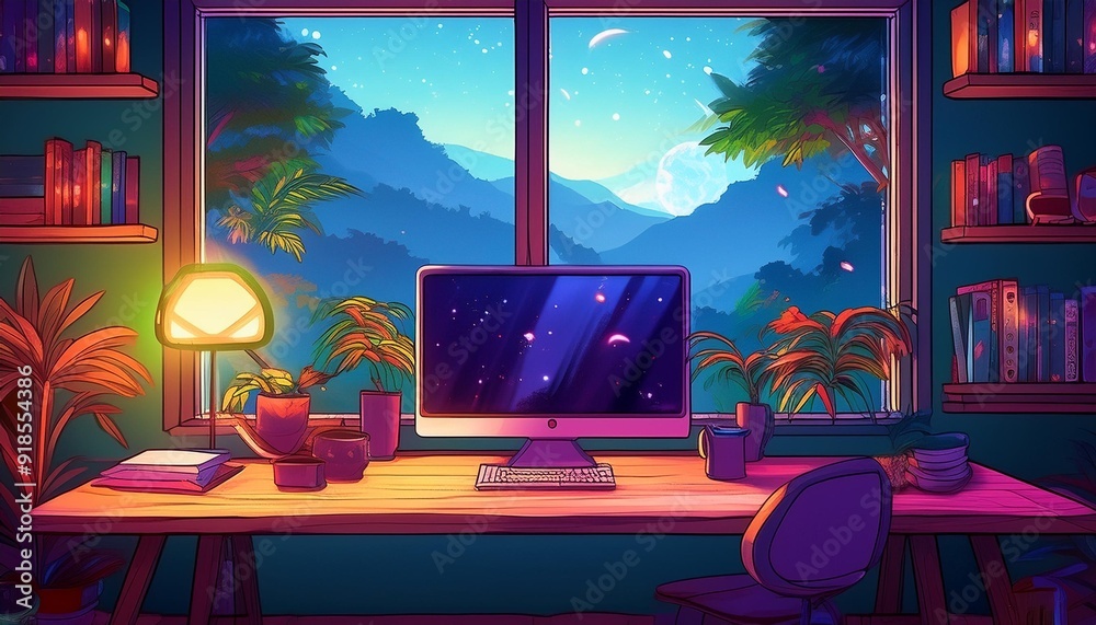 Lofi empty interior. Messy desk, window view of a forest, jungle. Anime ...