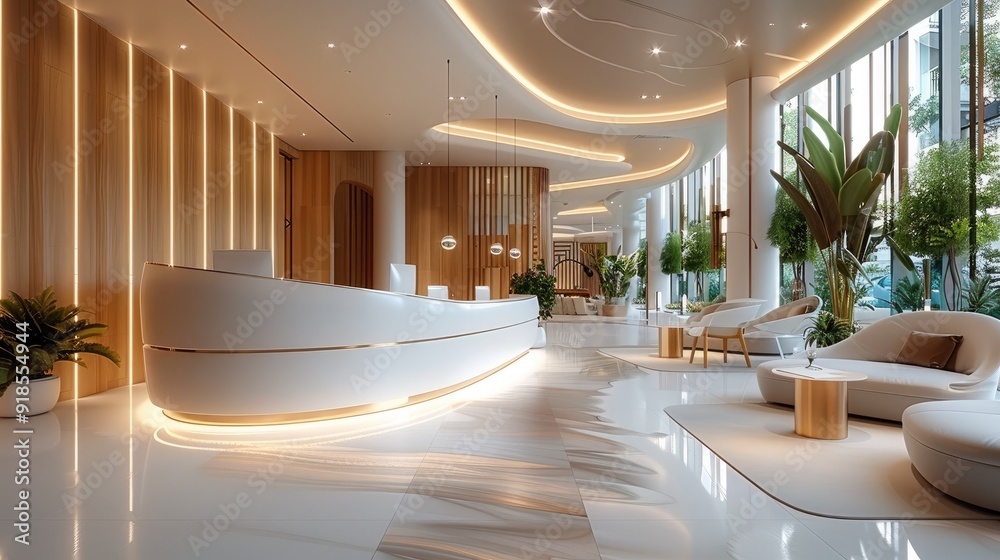 The lobby of the luxury hotel features a modern style with white walls ...