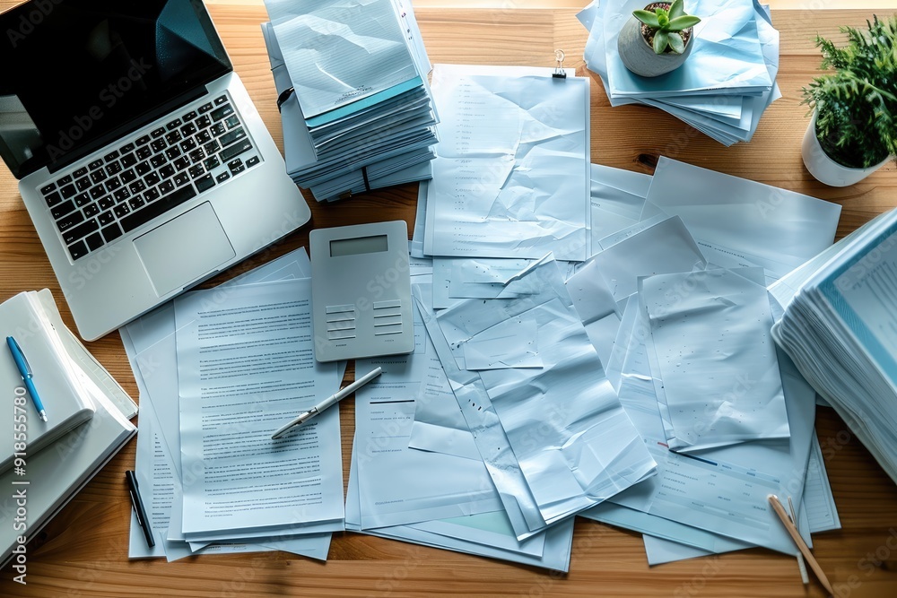 Flat lay of office desk, paper and documents laying on the desk, top ...