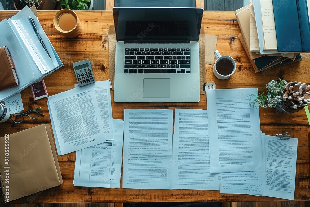 Flat lay of office desk, paper and documents laying on the desk, top ...