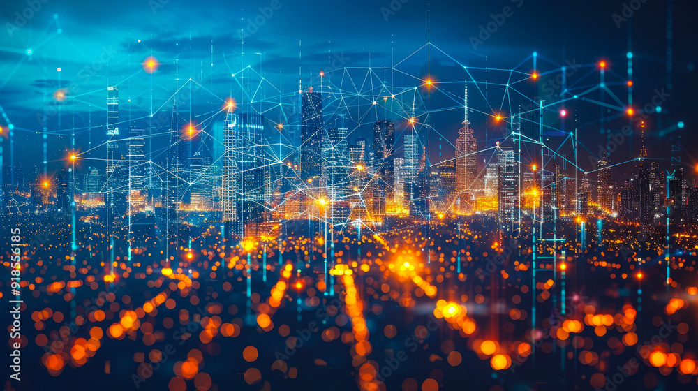 Smart City Digital Network with IoT and ICT Technology at Night ...