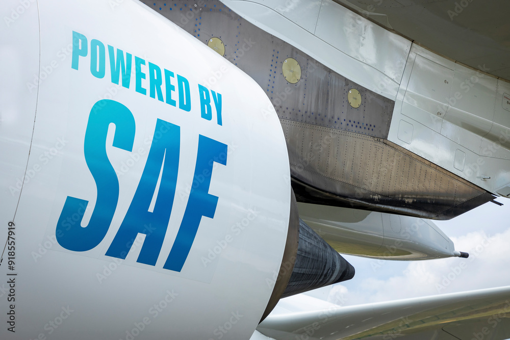 Powerful jet engine powered by SAF Sustainable Aviation Fuel for eco ...