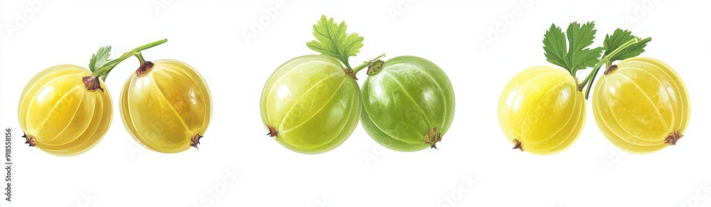 three different types of yellow and green gooseberries on white ...