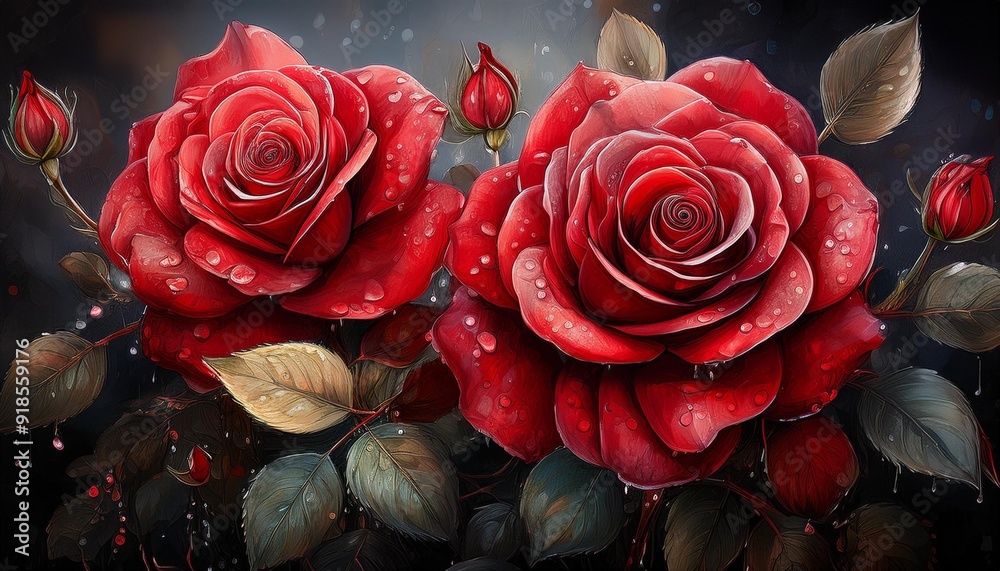 Red roses on dark background poster. Beautiful red flowers with water ...