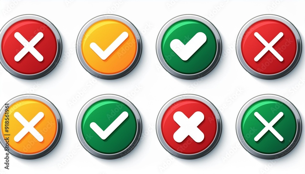 set of flat round check mark, X mark icons, exclamation point, buttons ...