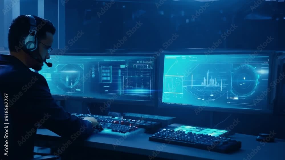 Operator monitoring multiple screens in a control room at night ...