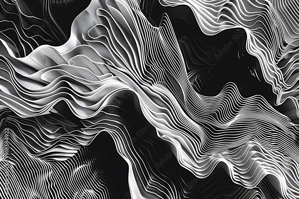Fluid wave patterns, dynamic flow, energetic ripples, monochrome ...