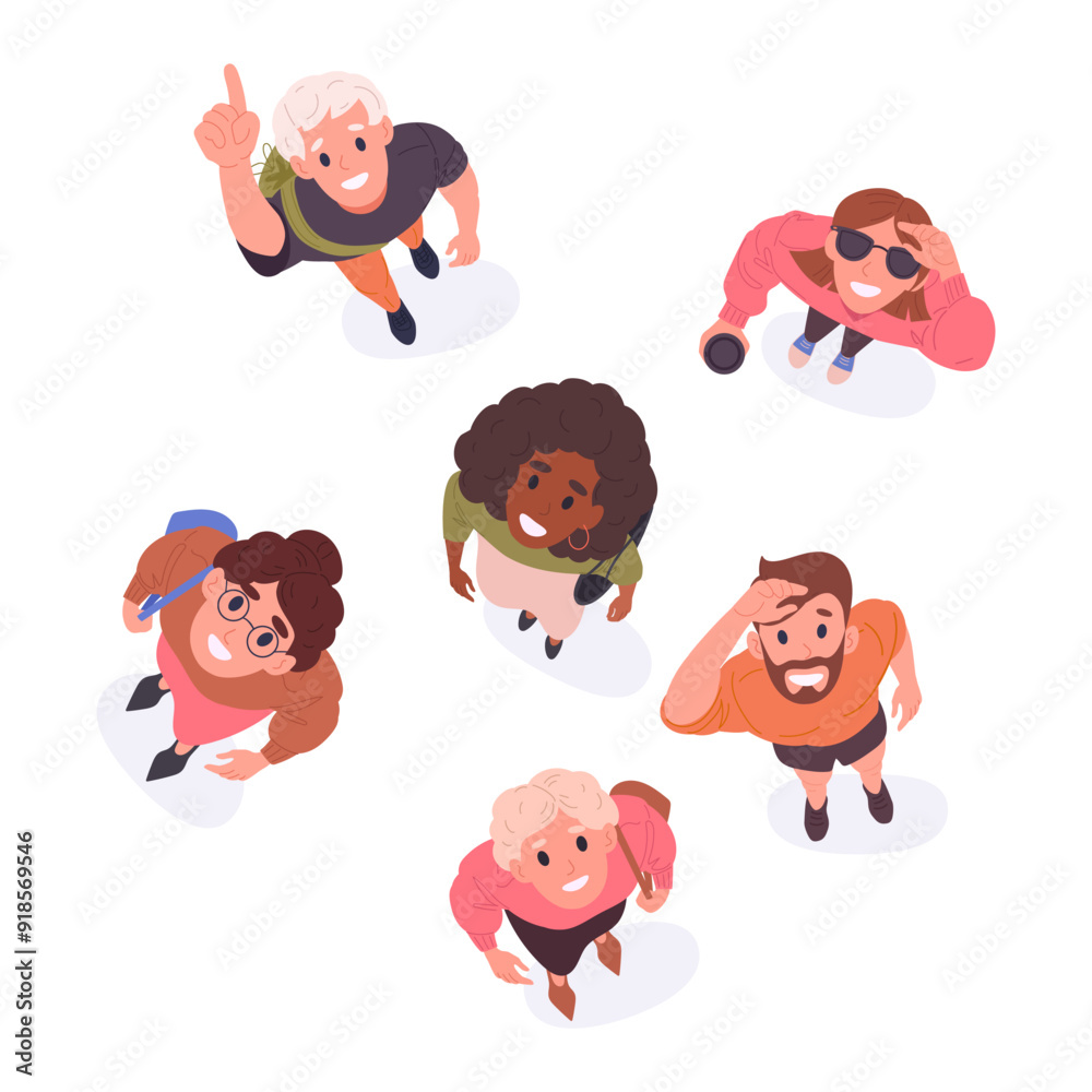 Male and female people looking up. Cartoon people top view look upwards ...