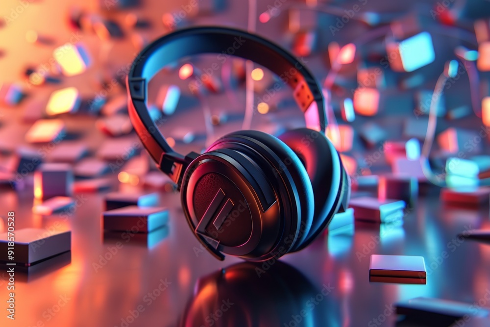 Colorful scene featuring headphones surrounded by floating musical ...