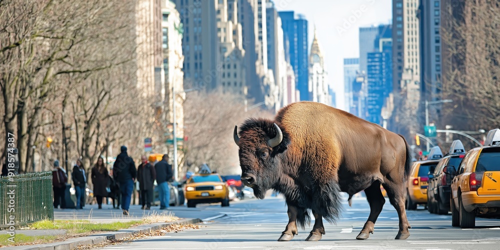 A photo of a bison exploring the city in New York. Demonstrating ...