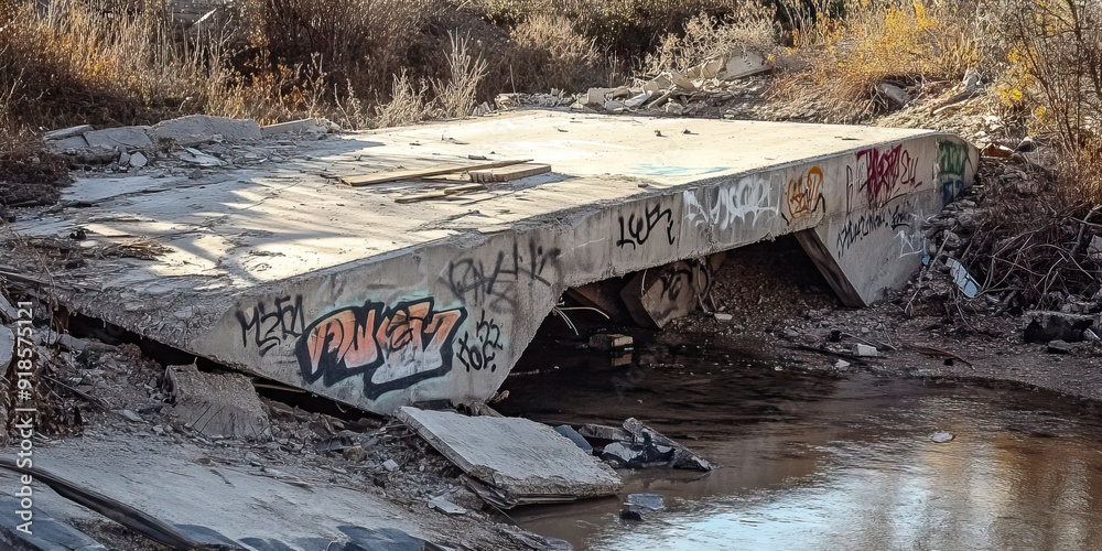 Broken Bridges: A collapsed concrete bridge, with graffiti on the ...