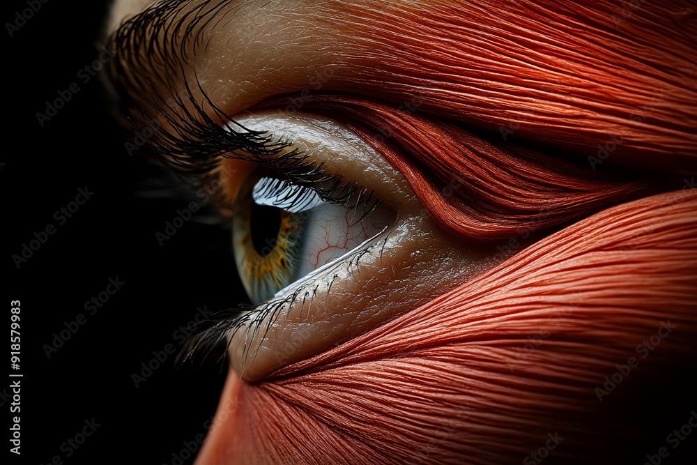 Closeup of the muscles around the eye with optic nerves visible ...
