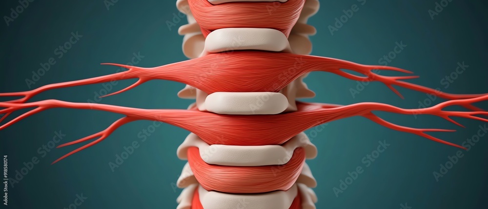 Closeup of the spinal cord with nerves branching out to connect with ...