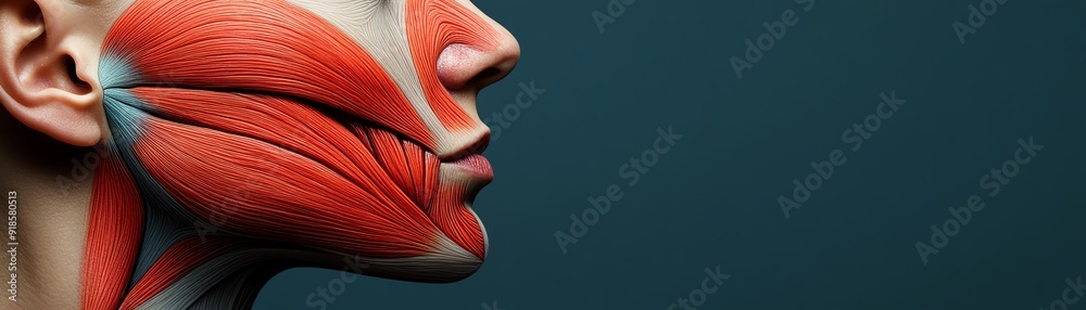 Detailed view of the facial muscles with nerve endings visible, showing ...