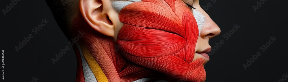 Detailed view of the facial muscles with nerve endings visible, showing ...