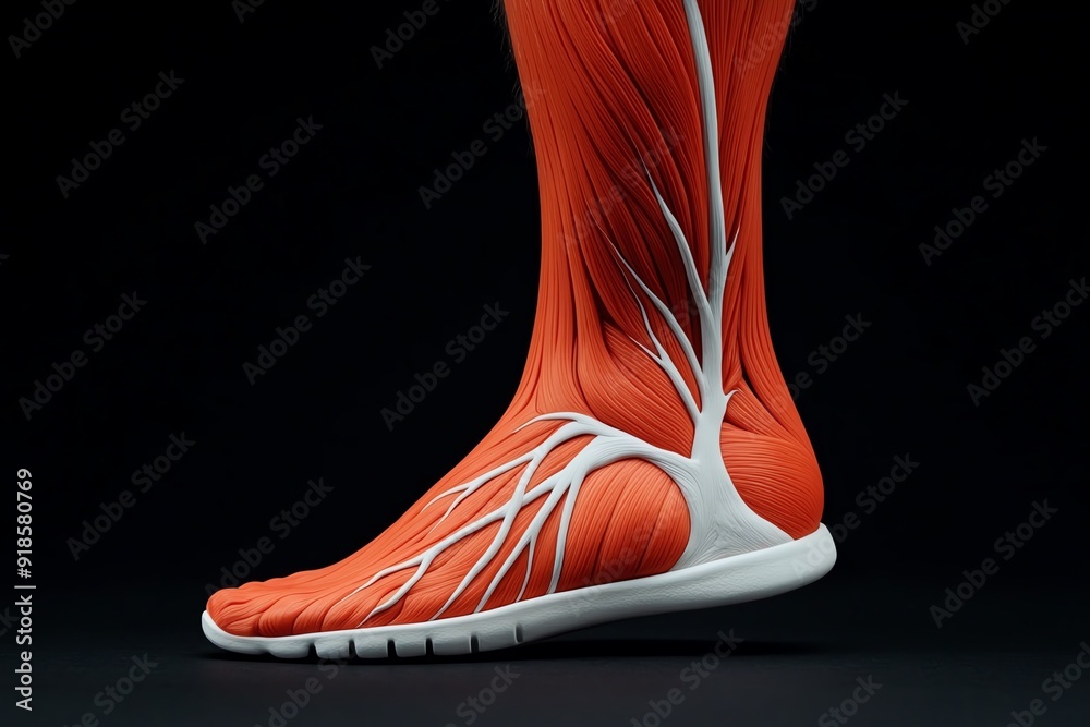 Detailed view of the muscles in the foot with nerve pathways visible ...