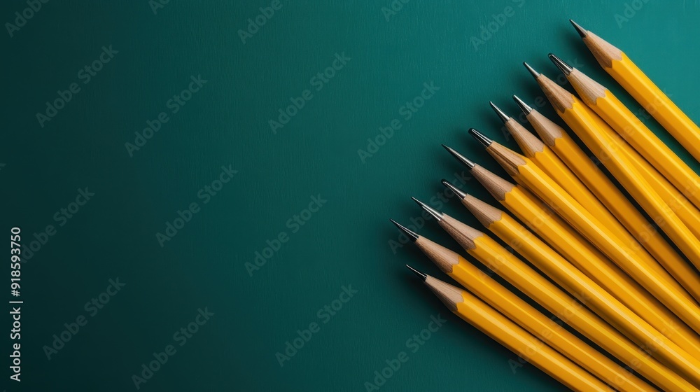 The image shows a close-up of multiple yellow pencils fanned out ...