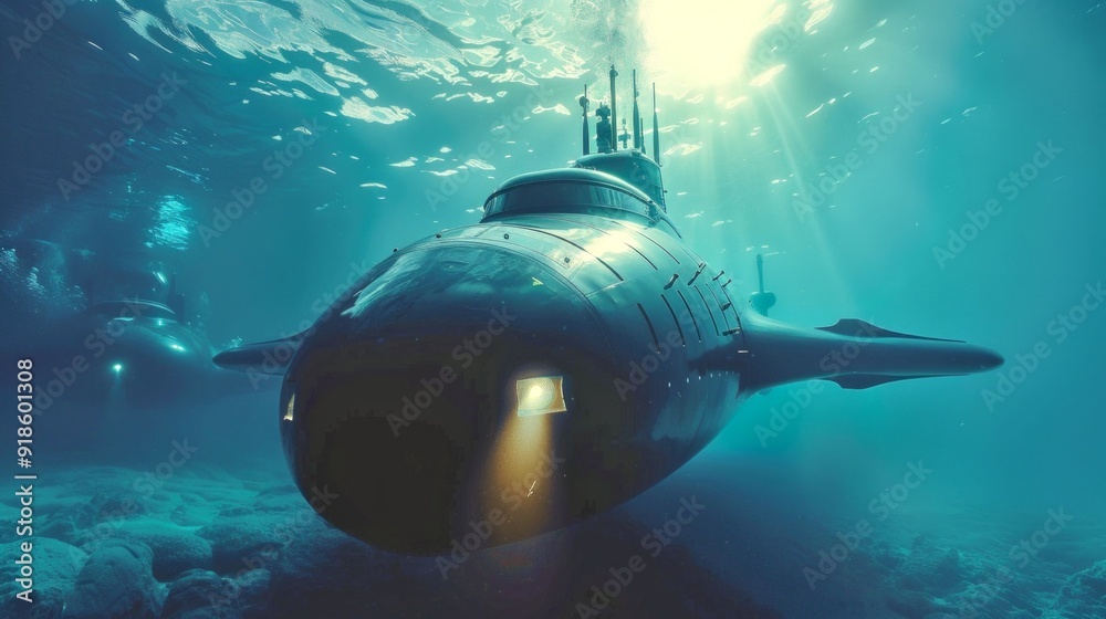 Underwater Exploration Submarine in Deep Ocean, Viewing Marine Depths ...