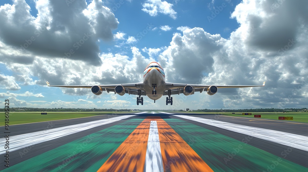 Airplane taking off from runway with Indian flag colors Stock Photo ...