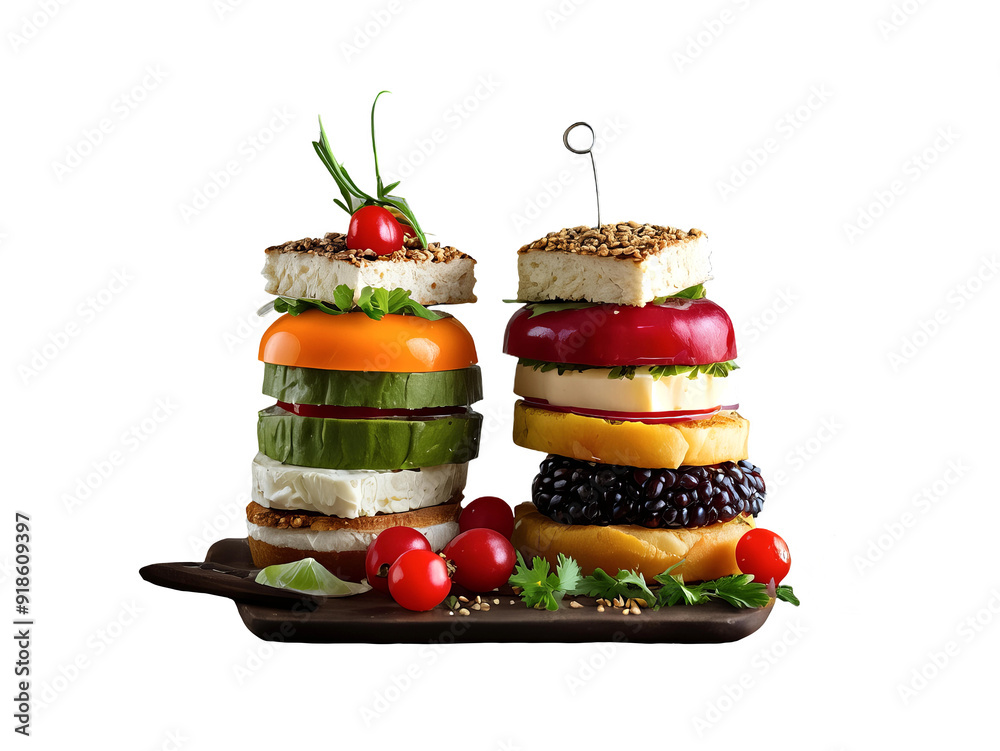 stos warzyw i serów gourmet przedstawionych na ciemnej drewnianej desce ...