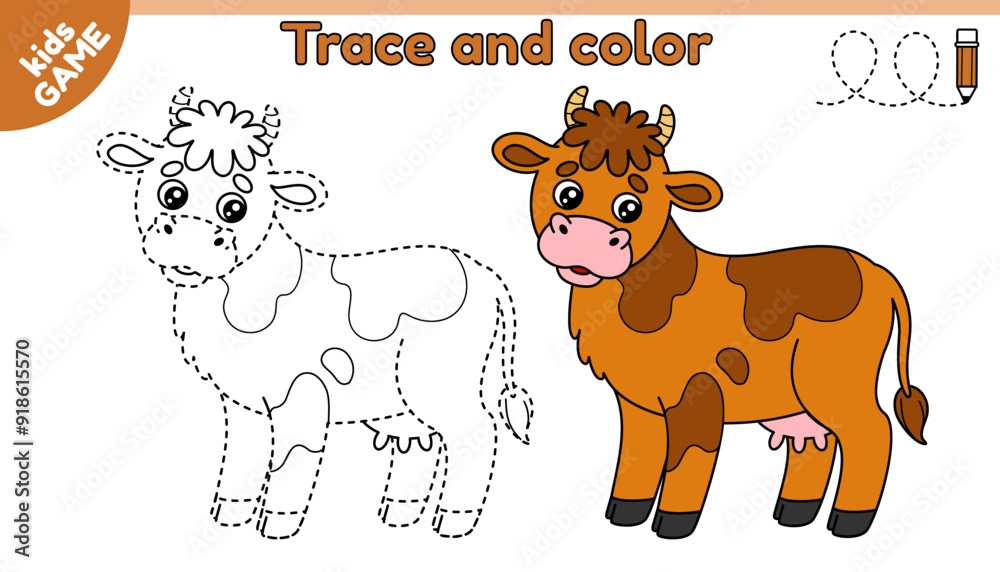 Vetor do Stock: Kids educational game Tracing lines with cartoon cow ...