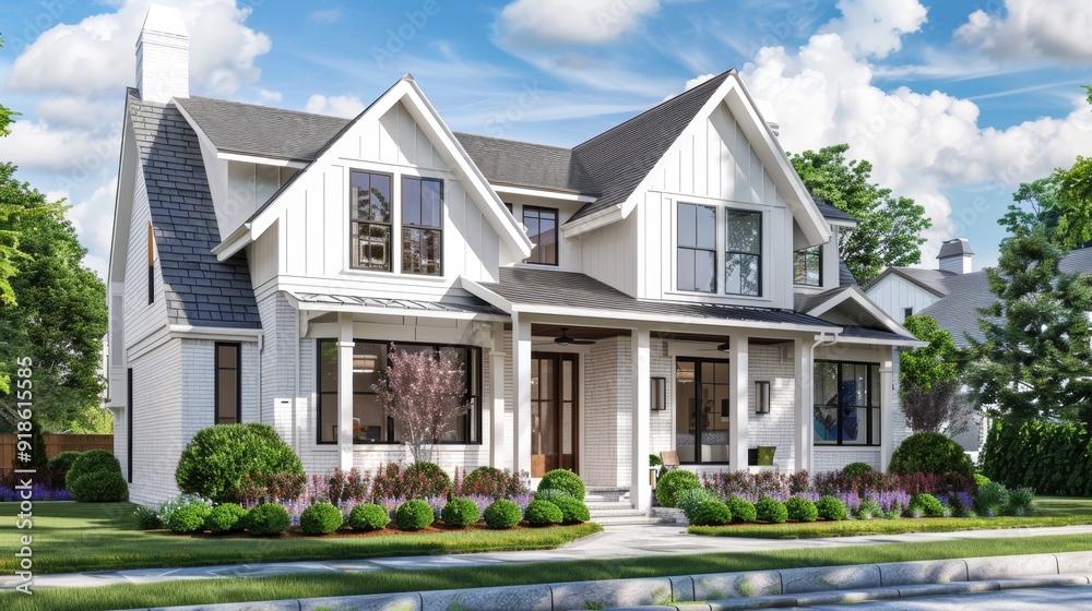 Charming White House with Gable Roof and Front Porch Cozy Suburban ...