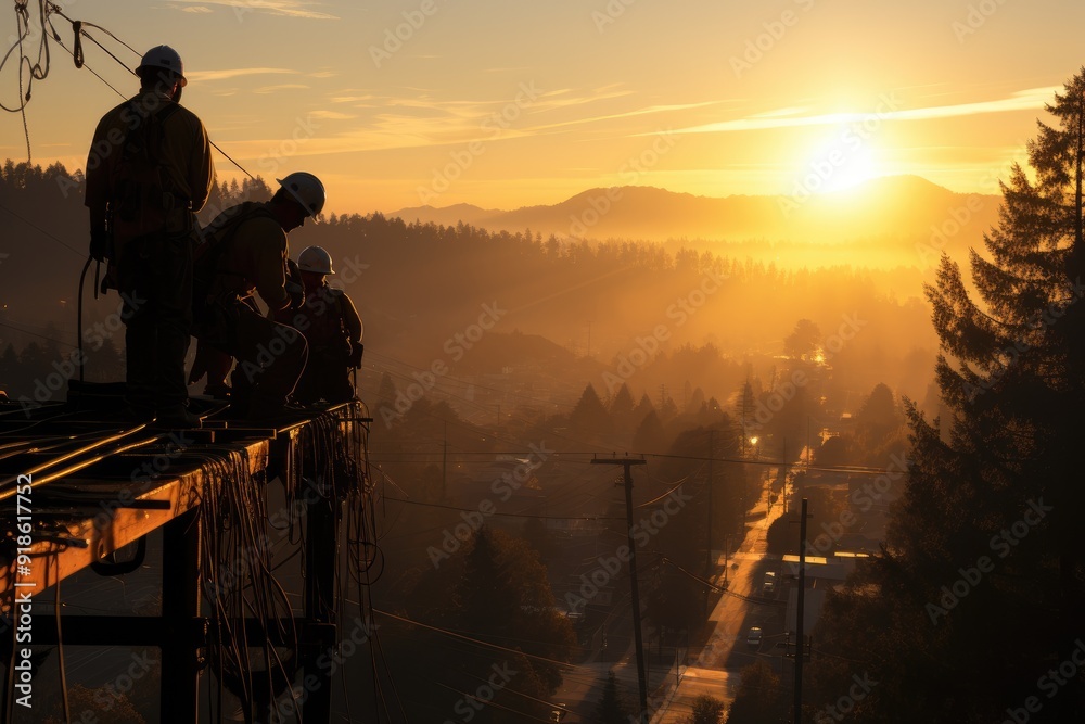 Tireless service: men working on electricity pole, experienced workers ...