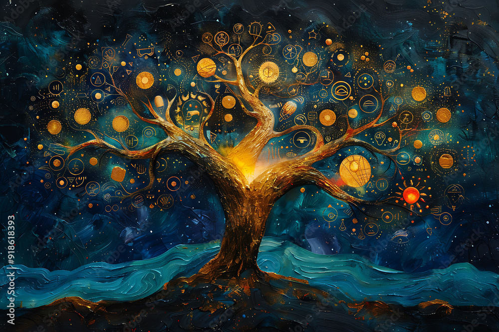 Depiction of the Tree of Life its branches filled with symbols from the ...