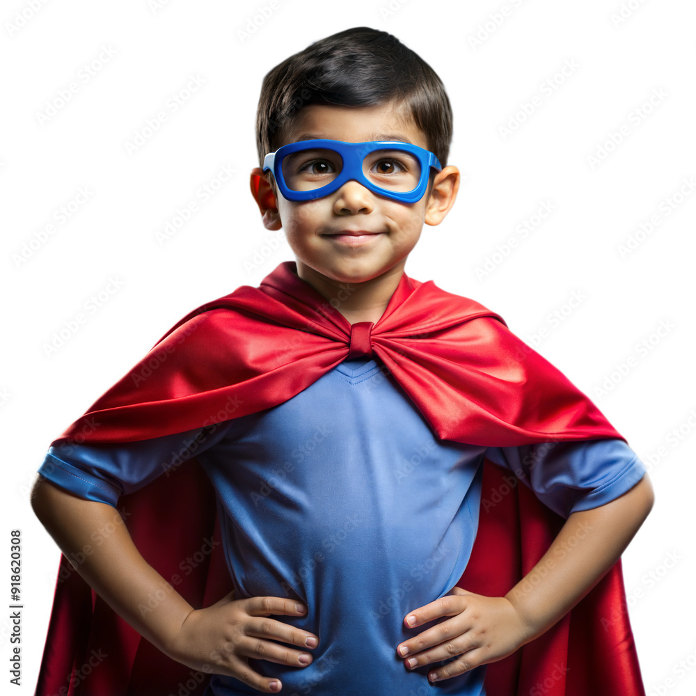 Young boy in superhero costume with blue cape and mask, standing ...