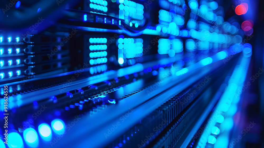 Macro photo of blue neon lit stacked blade servers in data center space ...