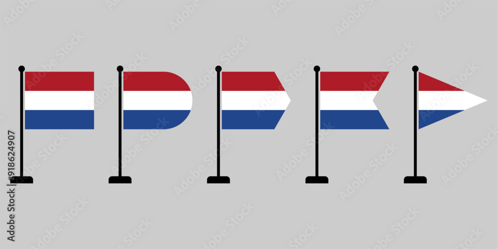 Vector illustration of a Dutch flag flying on a pole. Flat solid color ...