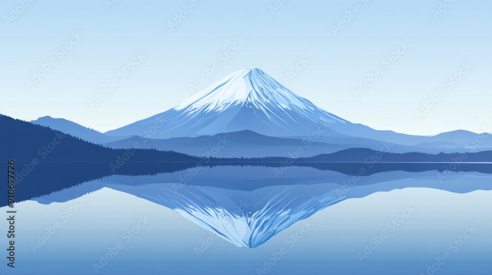 A flat vector illustration of Mount Fuji with its reflection in the ...