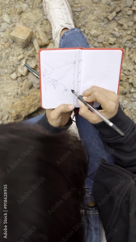 overview of A young artist sketching a landscape in a red notebook ...