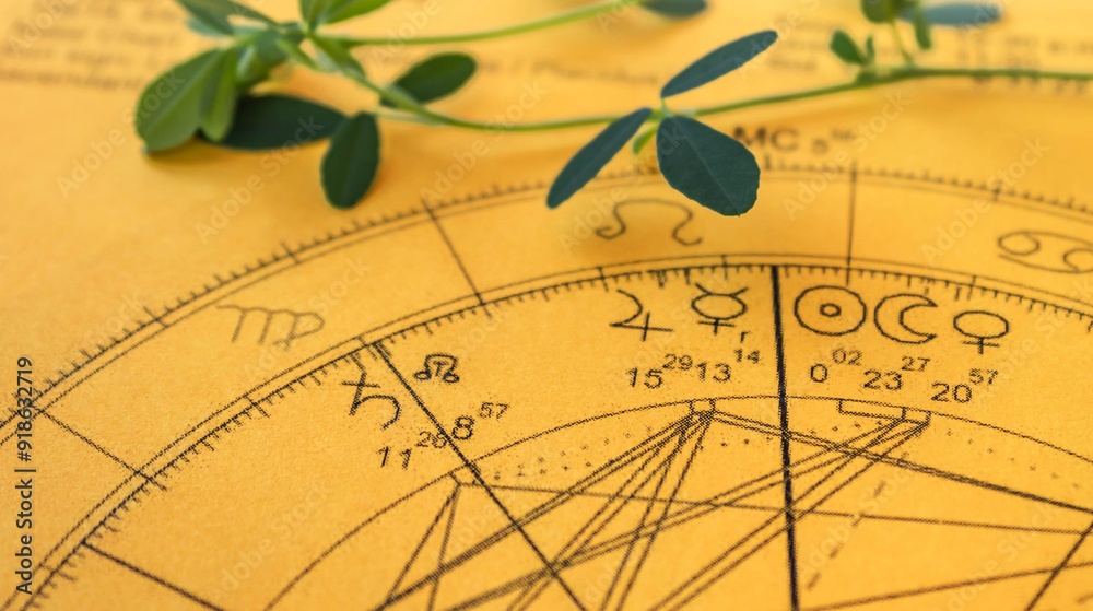 Printed yellow astrology chart with green fragile in the background ...