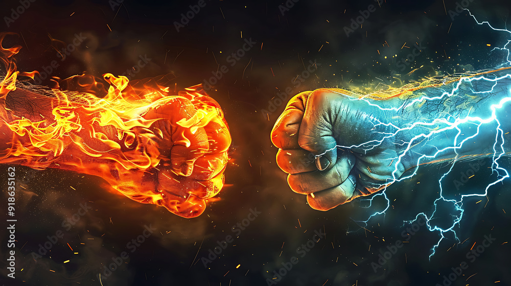 two clenched fists facing each other, with one engulfed in flames and ...